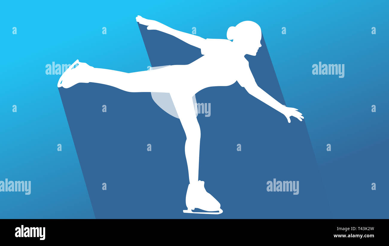white woman ice skater sillhouette icon long shadow in cool blue modern ...
