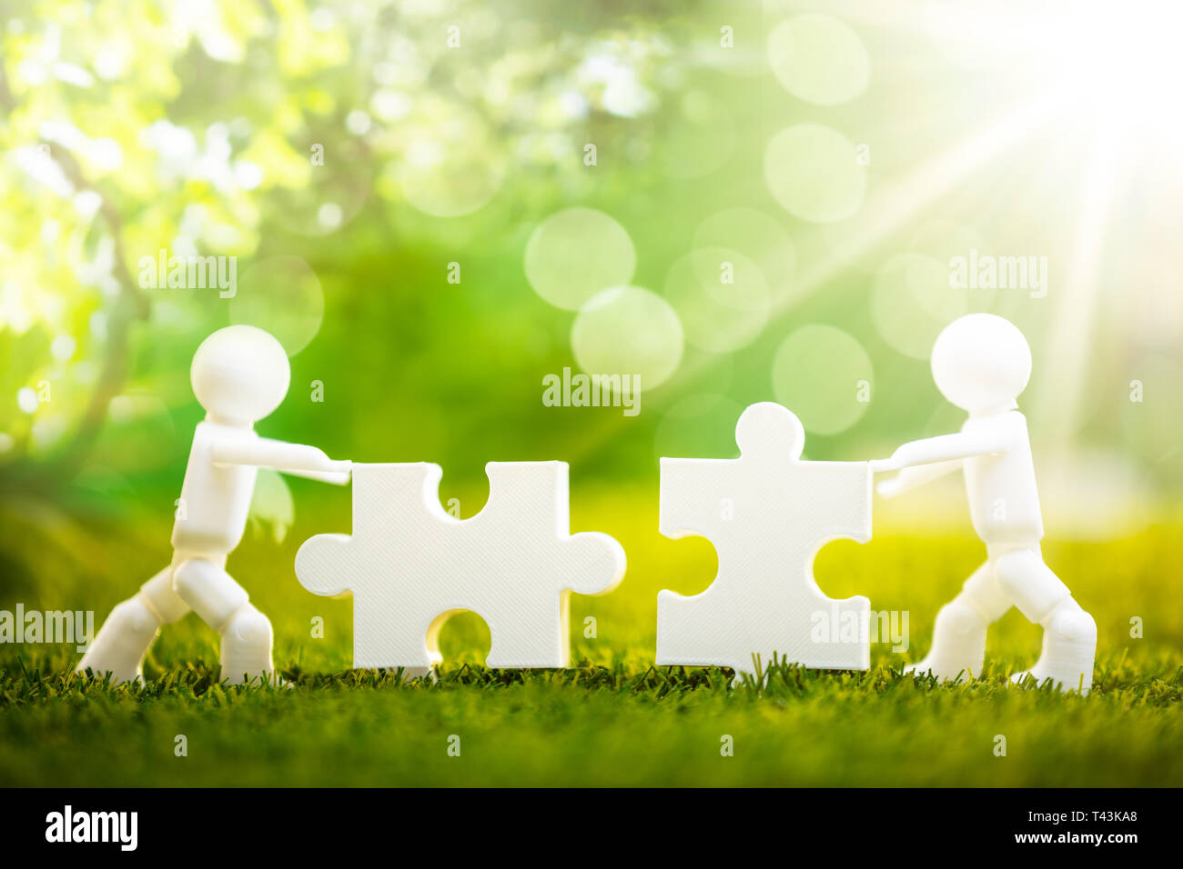 Two Human Figures Solving Jigsaw Puzzles On Green Grass Stock Photo - Alamy