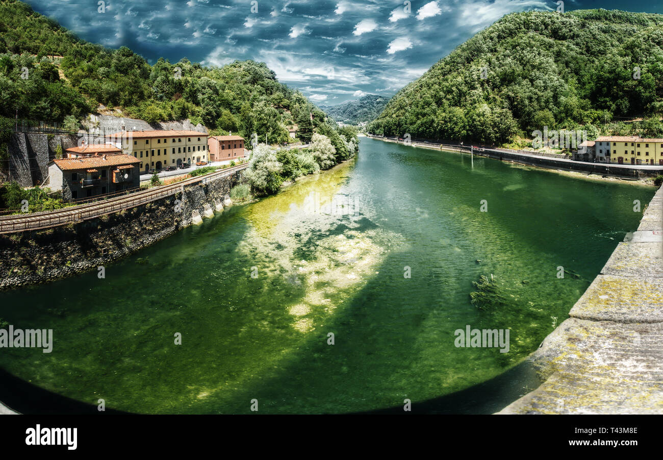 The Serchio river seen from the Ponte della Maddalena in Borgo, Tuscany ...