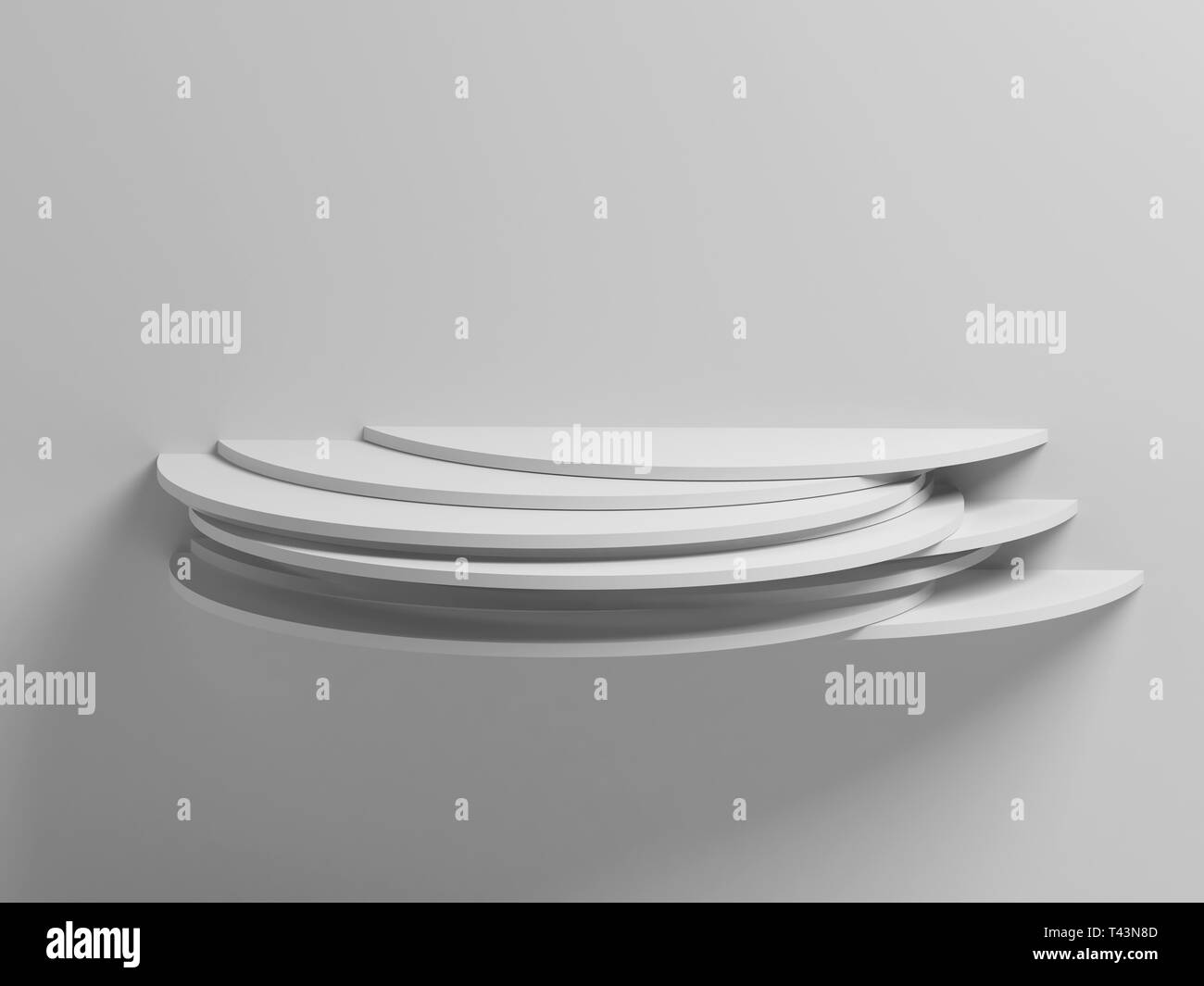 White round shelf installation on empty wall, 3d render illustration ...
