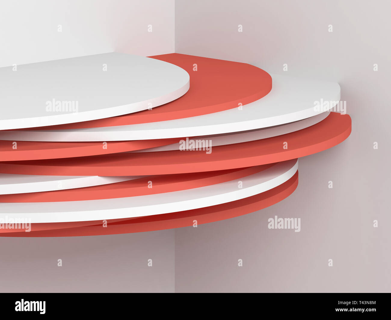 Cylindrical shelf installation in empty white corner, 3d render ...