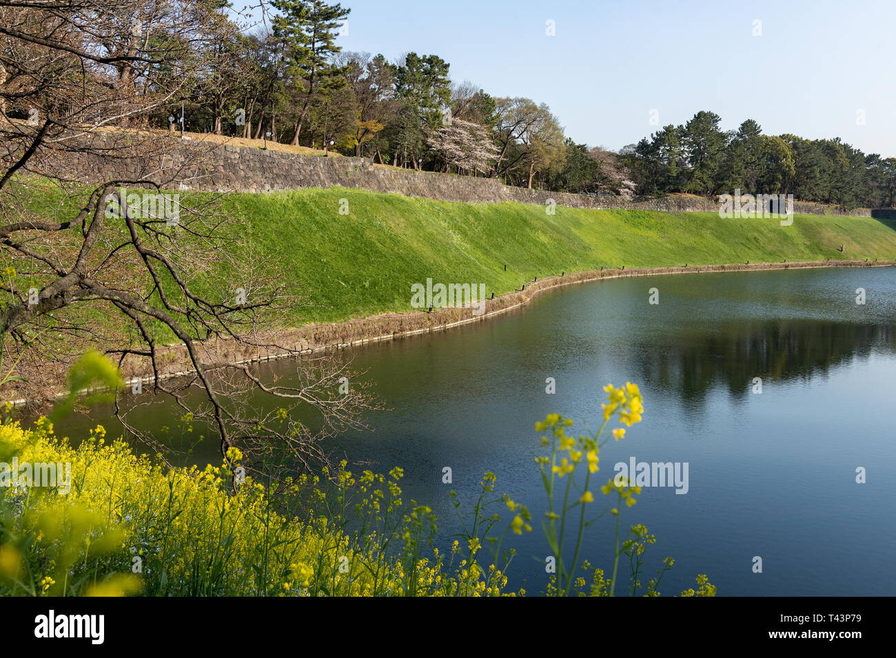 Exterior walls and moat of the Imperial Palace in Tokyo, Japan on March ...