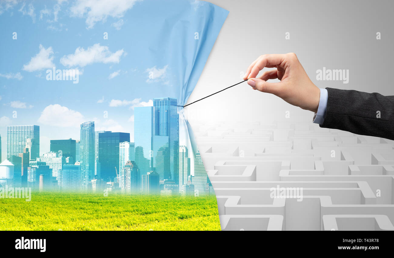 Hand pulling paper curtain, changing scene concept Stock Photo - Alamy