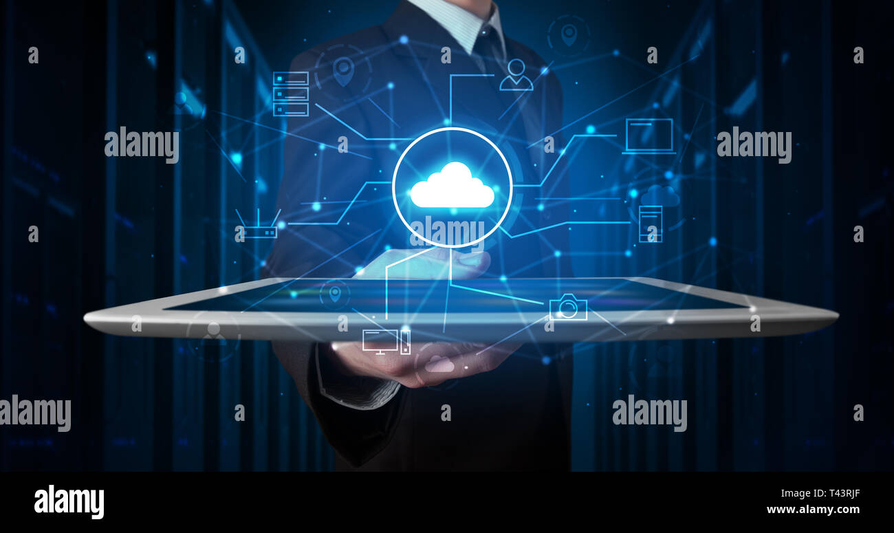 Formal hand in server room with virtual workspace concept Stock Photo ...