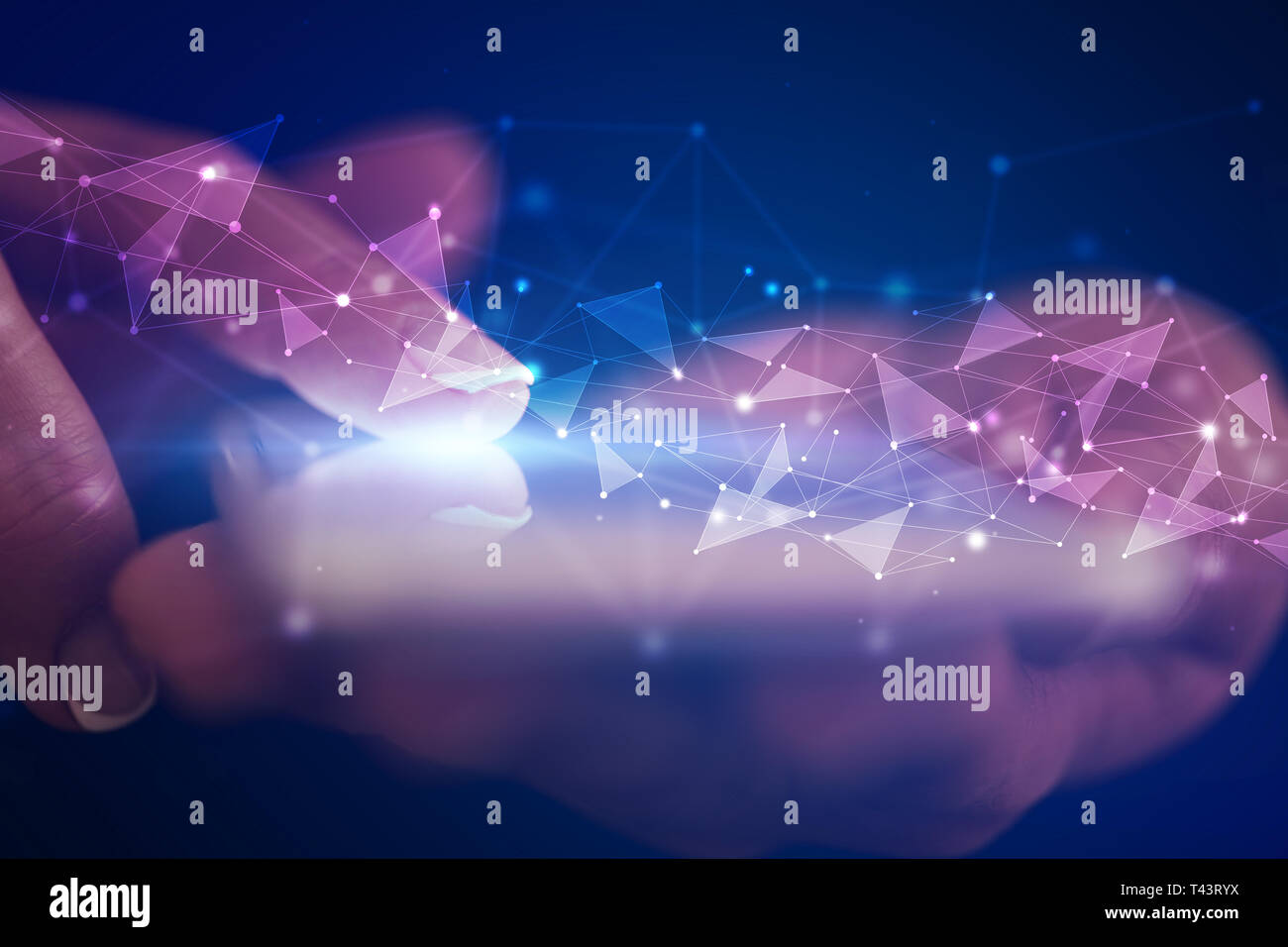 Finger touching phone with human network concept and dark background ...