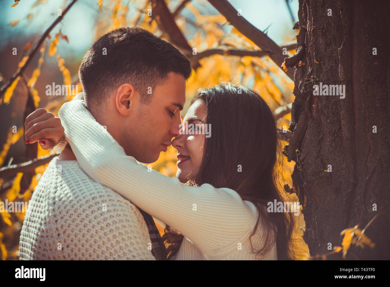 Loving couple is outdoors, cuddling and kissing in the park in autumn ...