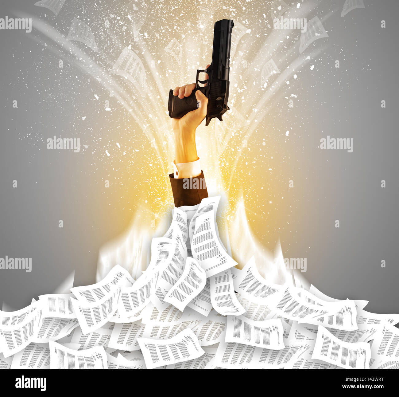 Hand buried in document pile and breaking out from it Stock Photo - Alamy