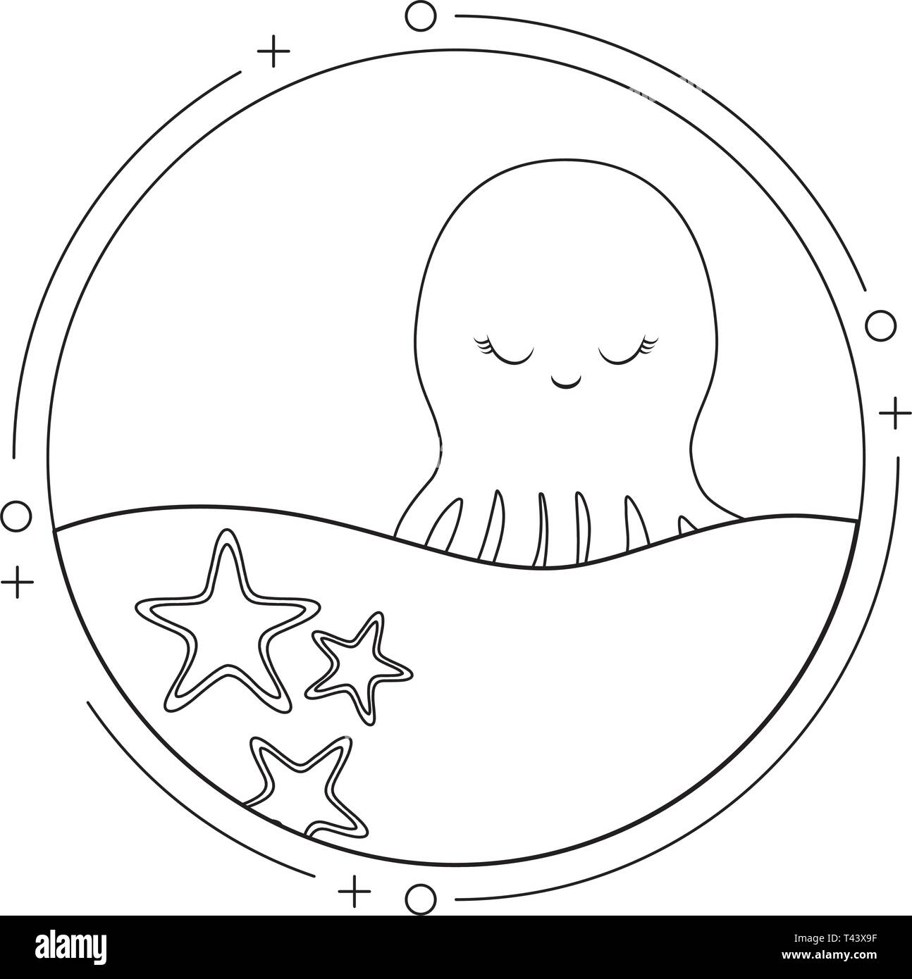 cute octopuses with sea in frame circular vector illustration design ...