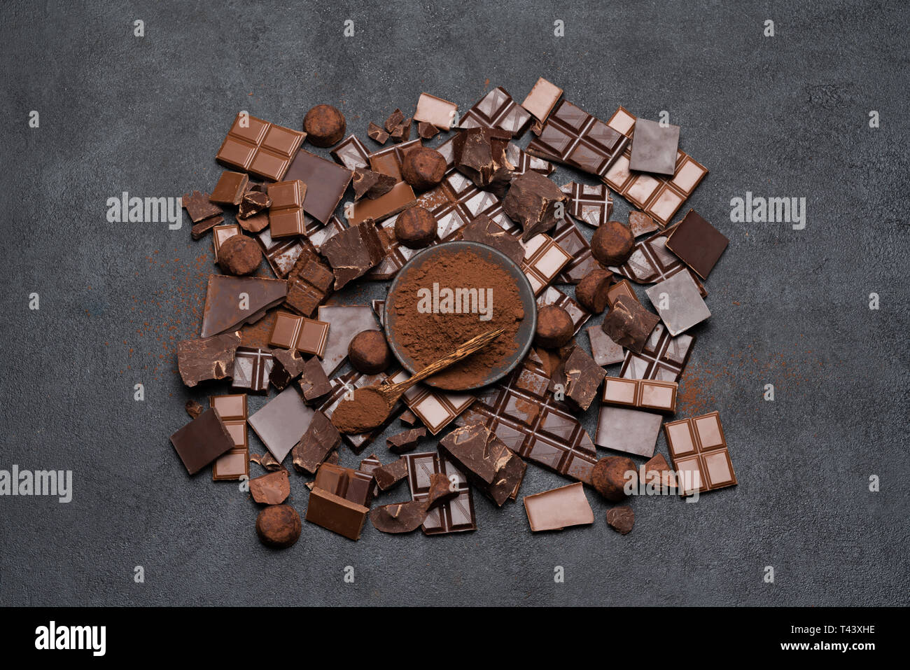 Dark or milk organic chocolate pieces, cocoa powder and truffle candies ...