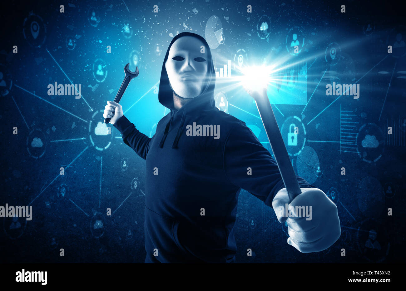 Armed burglar in dark secured database network cloud and report concept ...