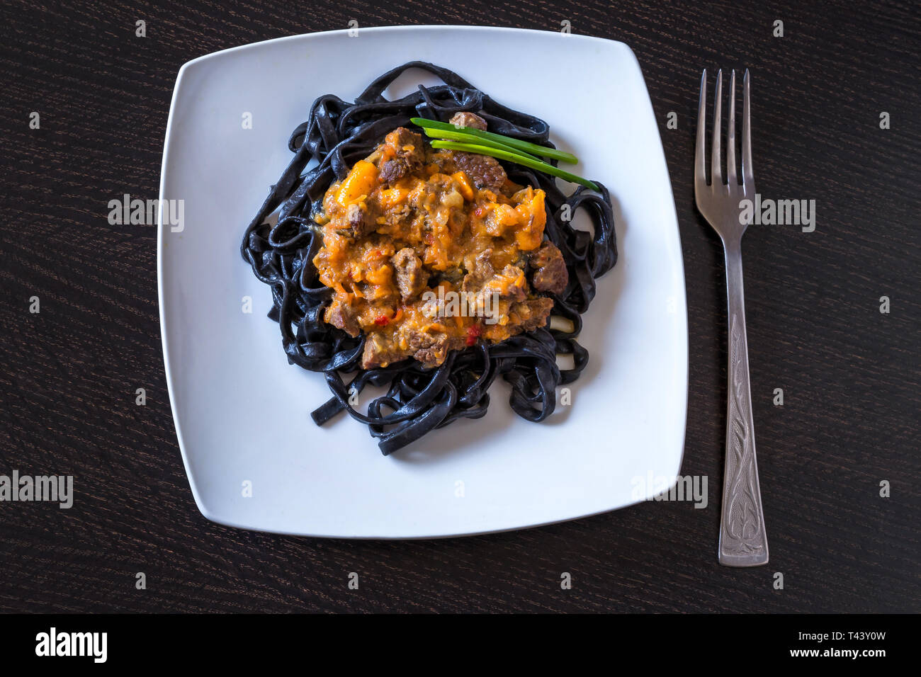black pasta with cuttlefish ink. Pasta of durum wheat semolina with ...