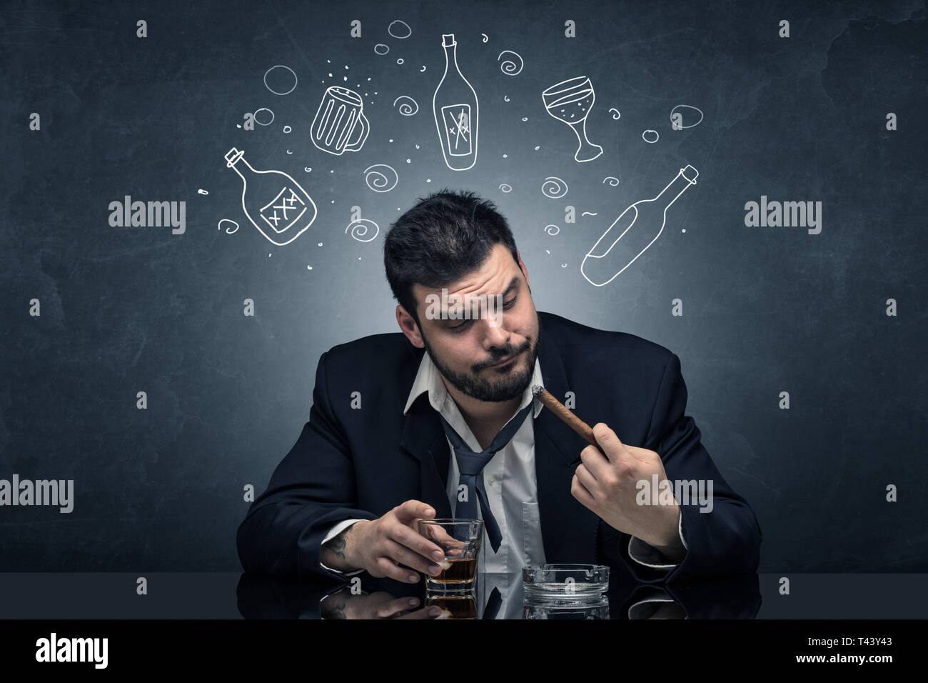 Drunk down and out man with doodle alcohol bottles concept Stock Photo ...