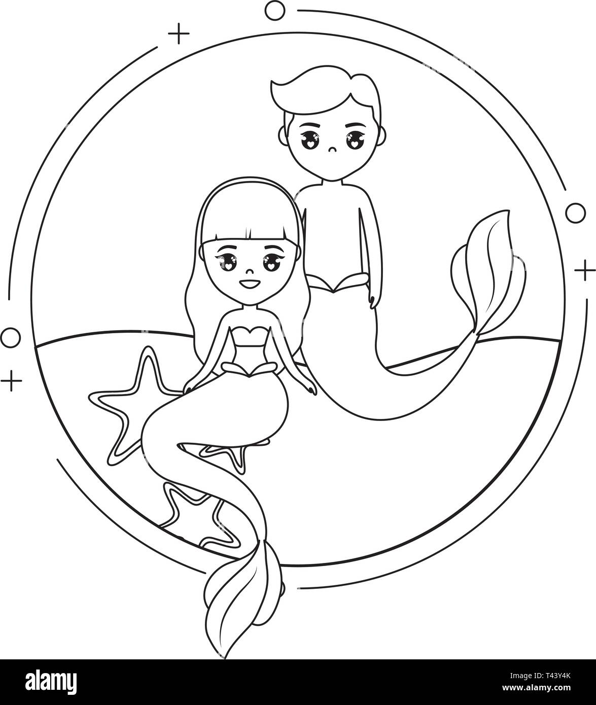 cute couple mermaids with sea in frame circular vector illustration ...