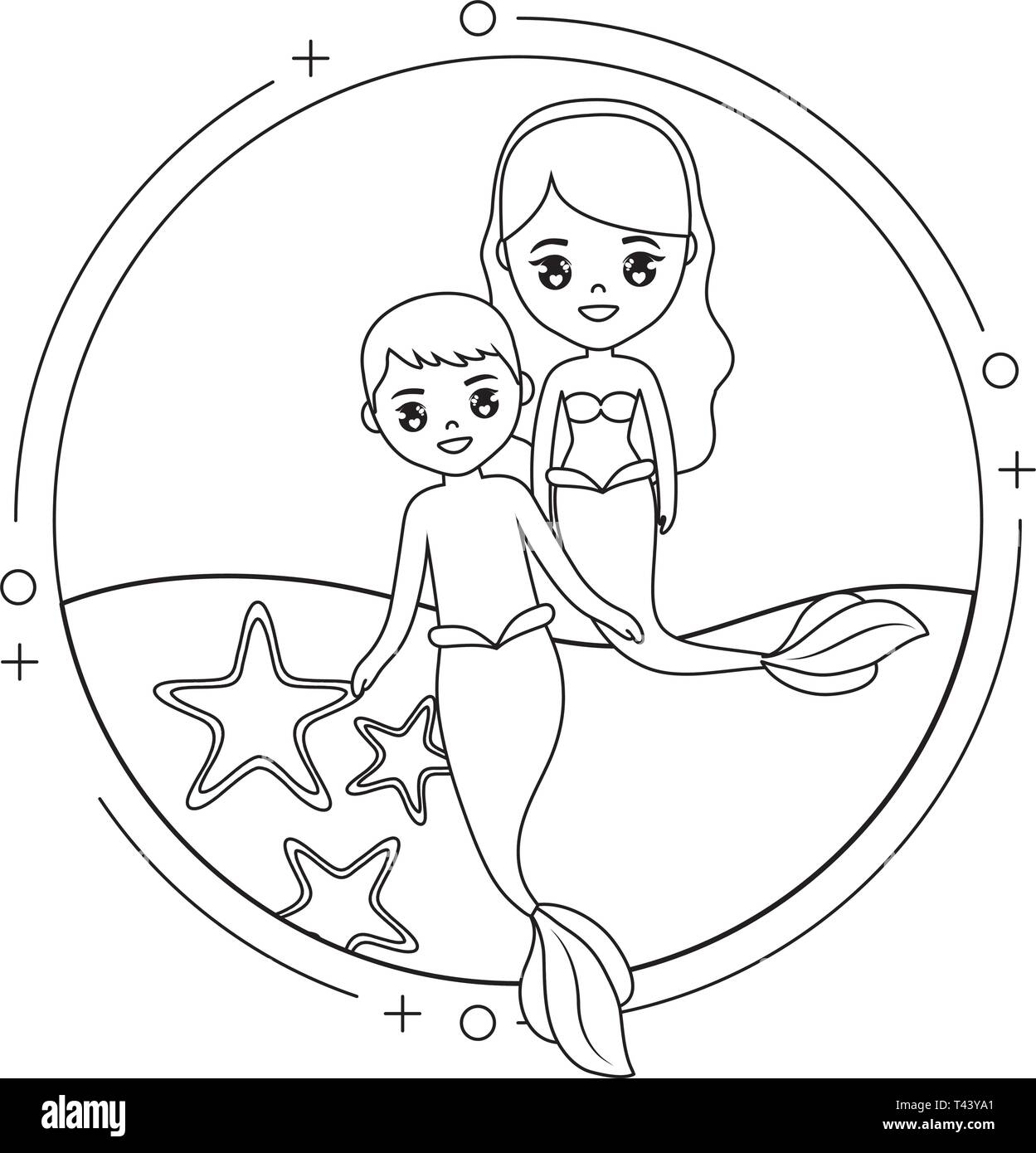cute couple mermaids with sea in frame circular vector illustration ...
