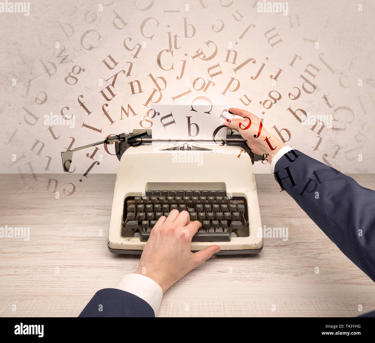 First person perspective elegant hand writing on typewriter with flying ...