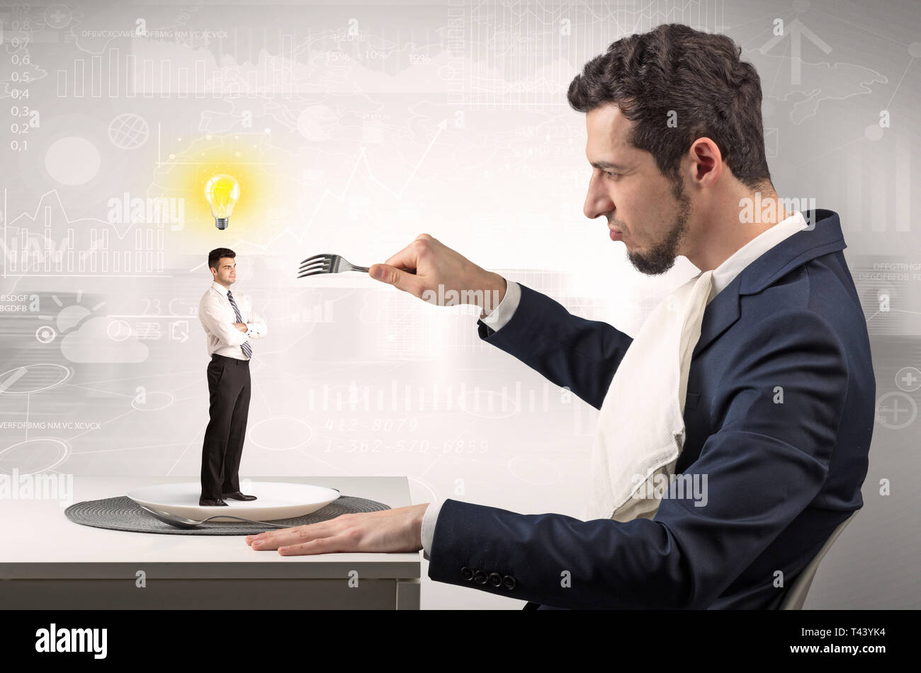 Giant businessman eating small man with financial background Stock ...