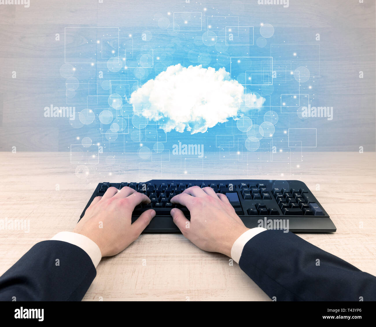 First person view of an elegant businessman hand typing with connected ...