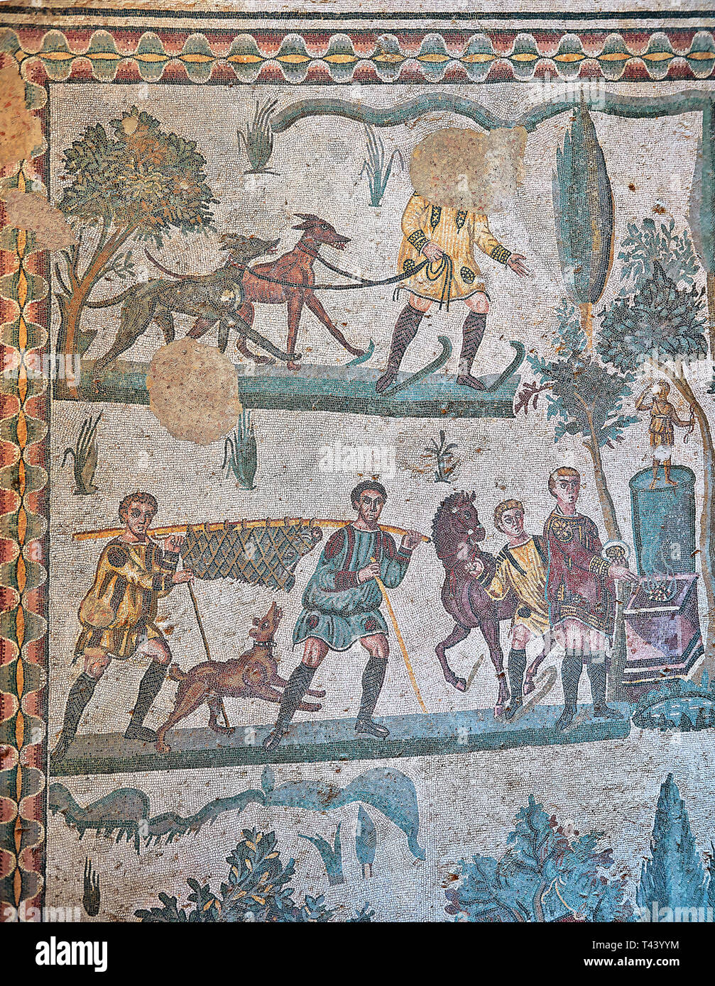 Hunters hunting. Roman mosaic floor of the Room of The Small Hunt, no ...