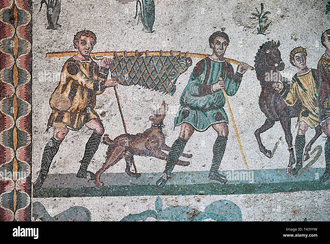 Hunters with a wild boar. Roman mosaic floor of the Room of The Small ...