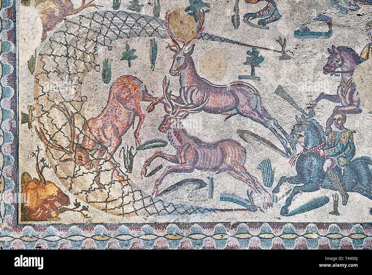 Deer being hunted. Roman mosaic floor of the Room of The Small Hunt, no ...