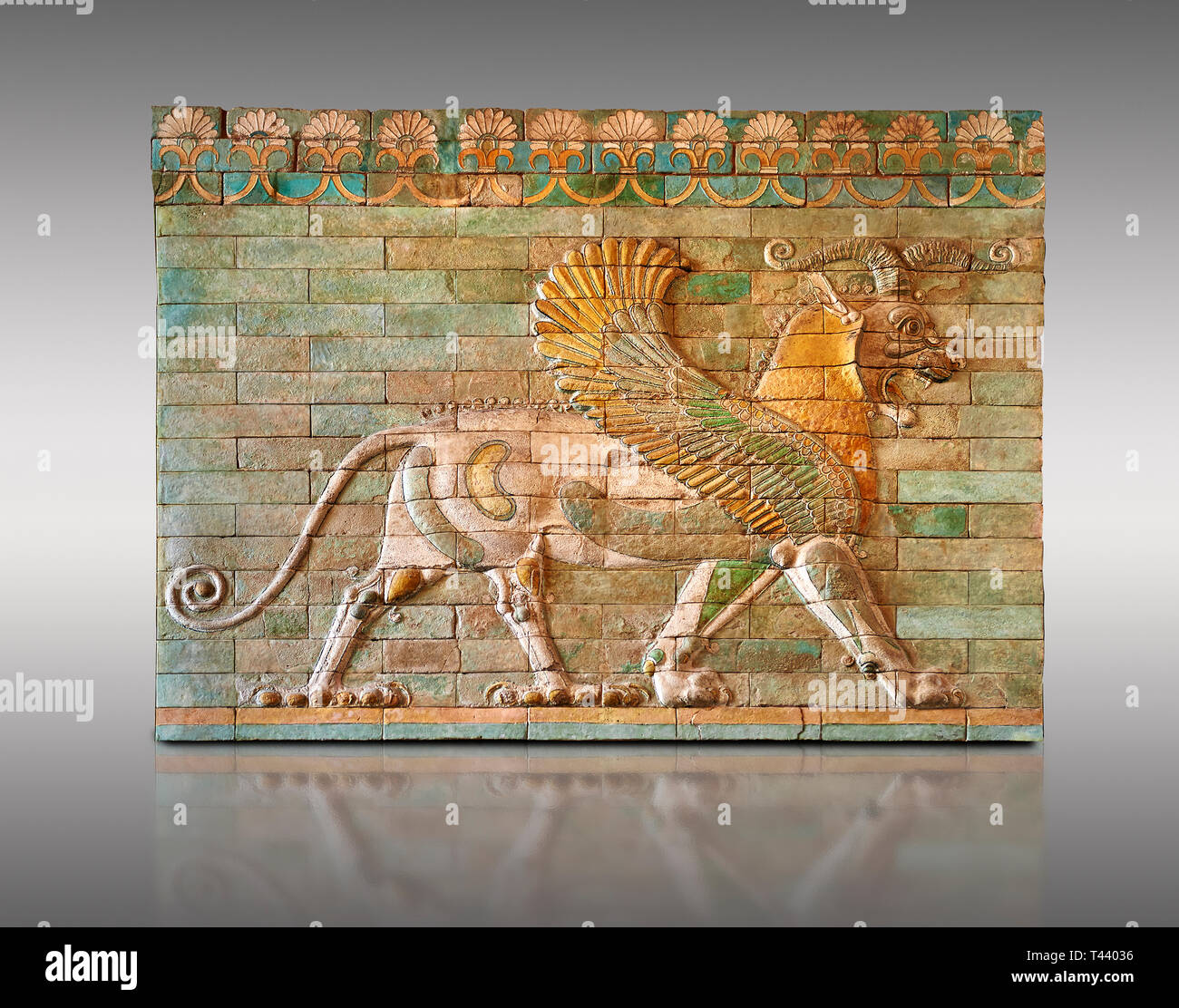 Coloured glazed terracotta tiled panels depicting mythical Griffins ...