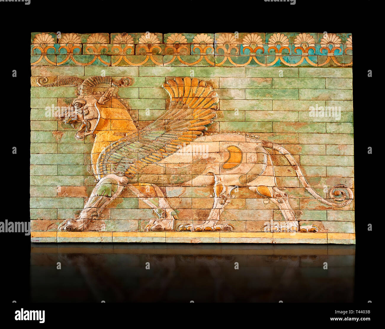 Coloured glazed terracotta tiled panels depicting mythical Griffins ...