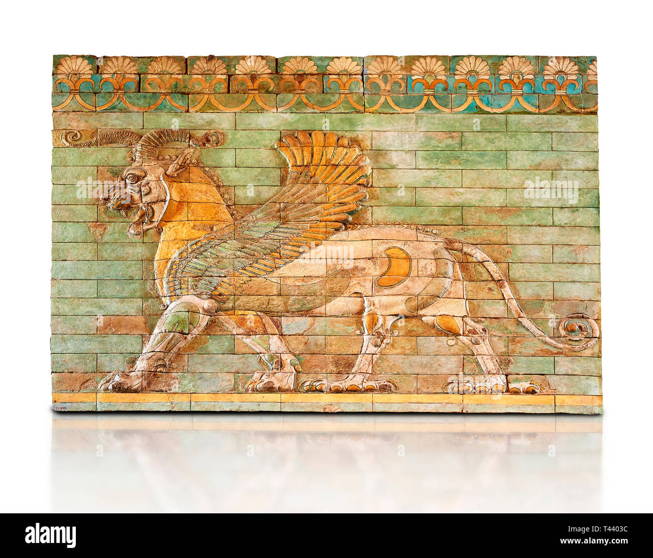 Coloured glazed terracotta tiled panels depicting mythical Griffins ...