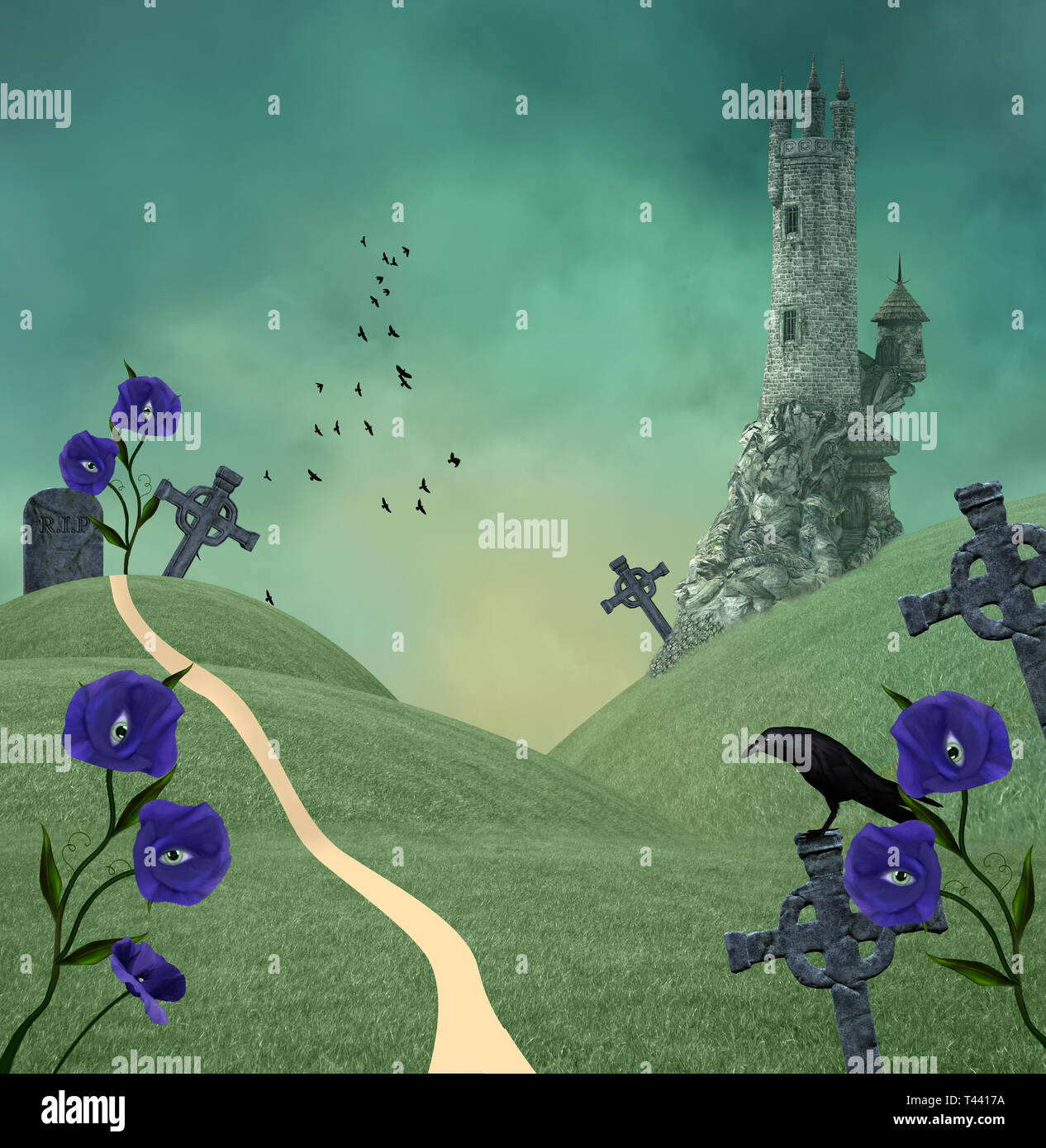 Spooky surreal country landscape with graves and a castle Stock Photo ...