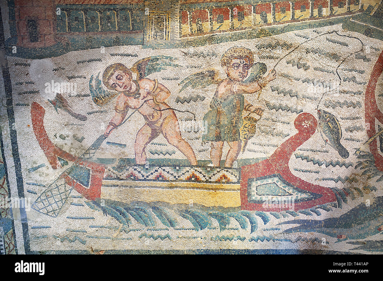 Close up detail picture of the Roman mosaics of the Semi Circular Room, depicting cupids fishing ...