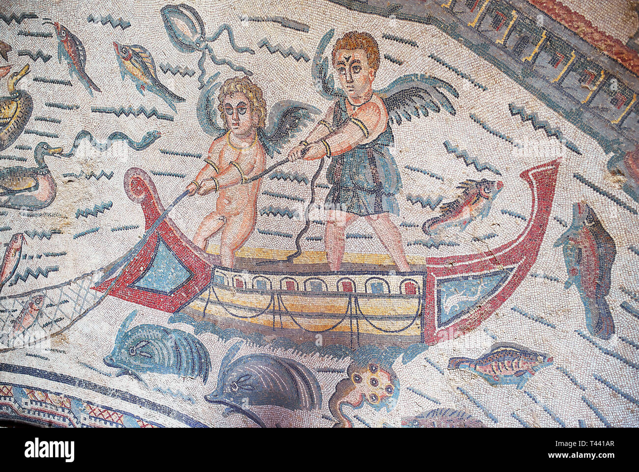 Close up detail picture of the Roman mosaics of the Semi Circular Room ...