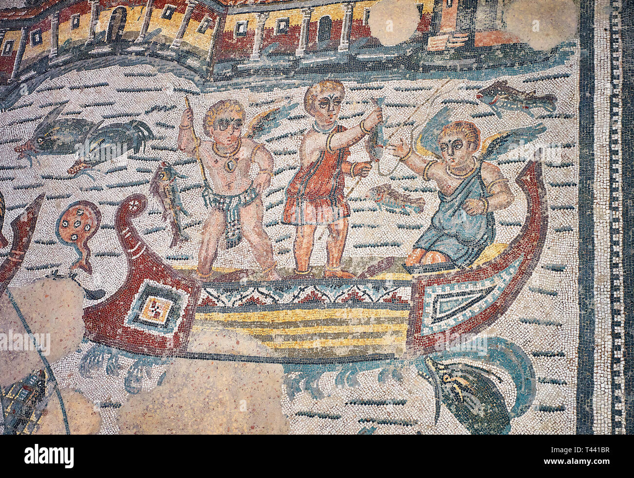 Close up detail picture of the Roman mosaics of the Room of Fishing Cupids depicting cupids ...