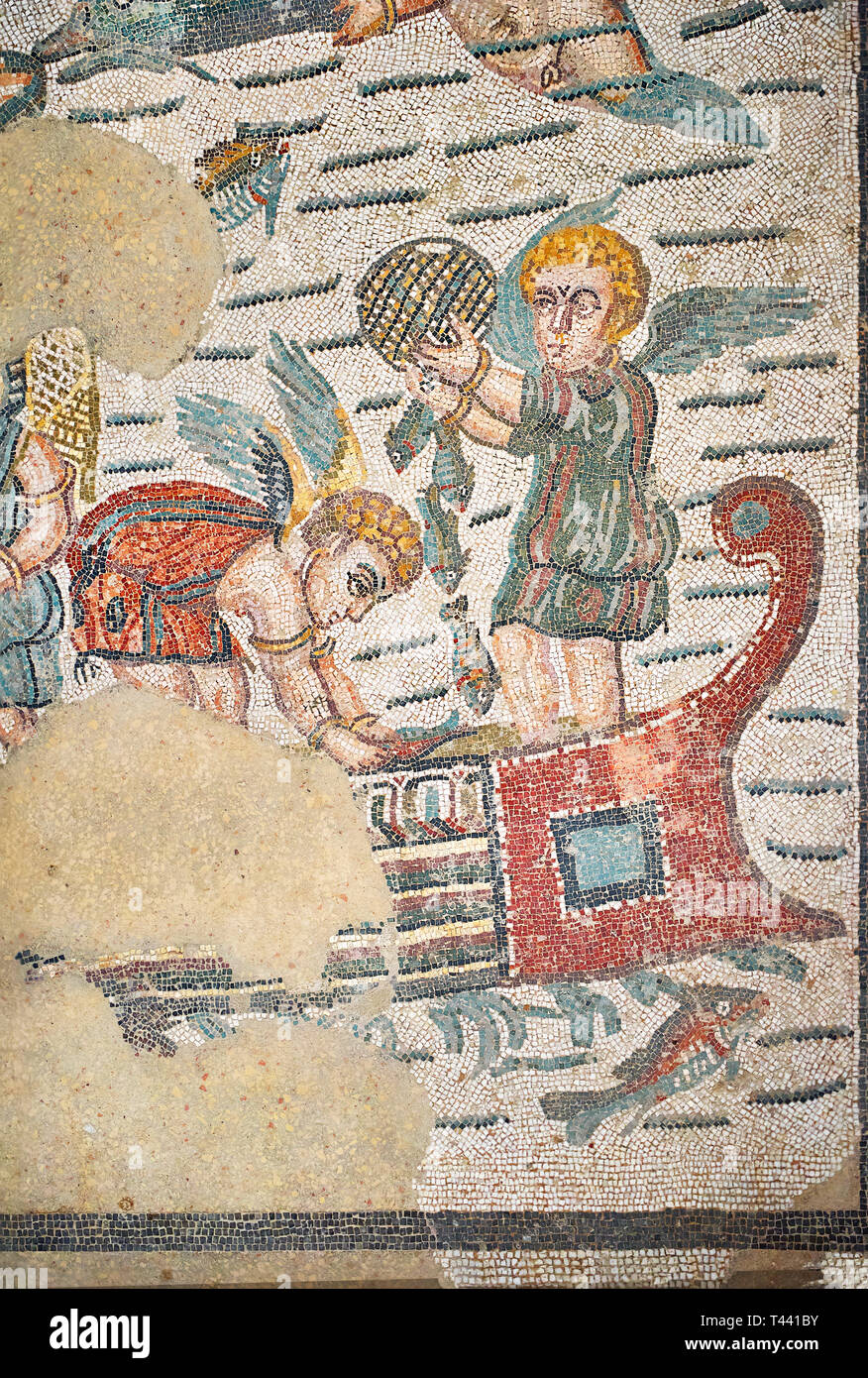 Close up detail picture of the Roman mosaics of the Room of Fishing ...