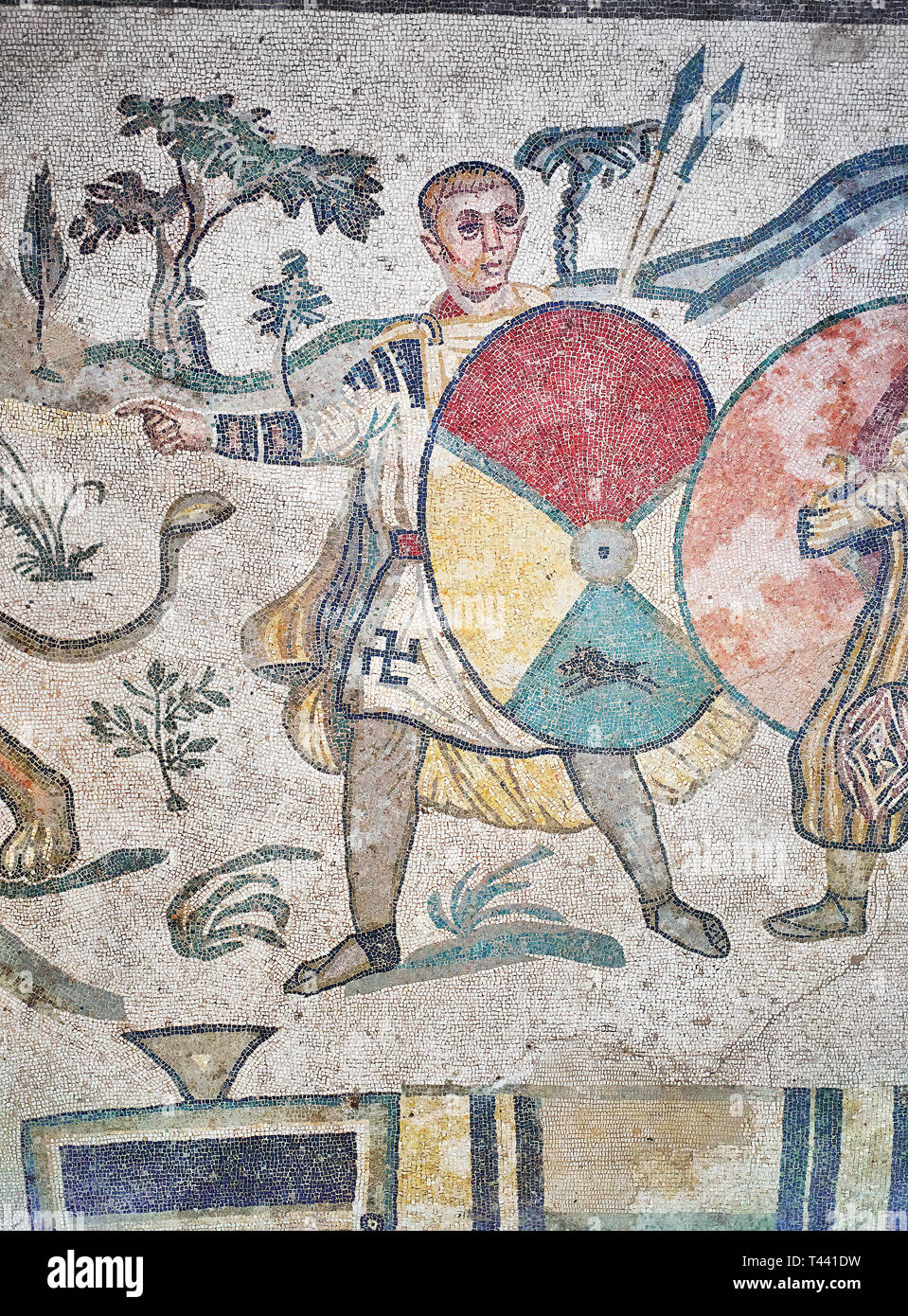 Ambulatory of the Great Hunt Roman mosaic, hunter, room no 28, at the ...