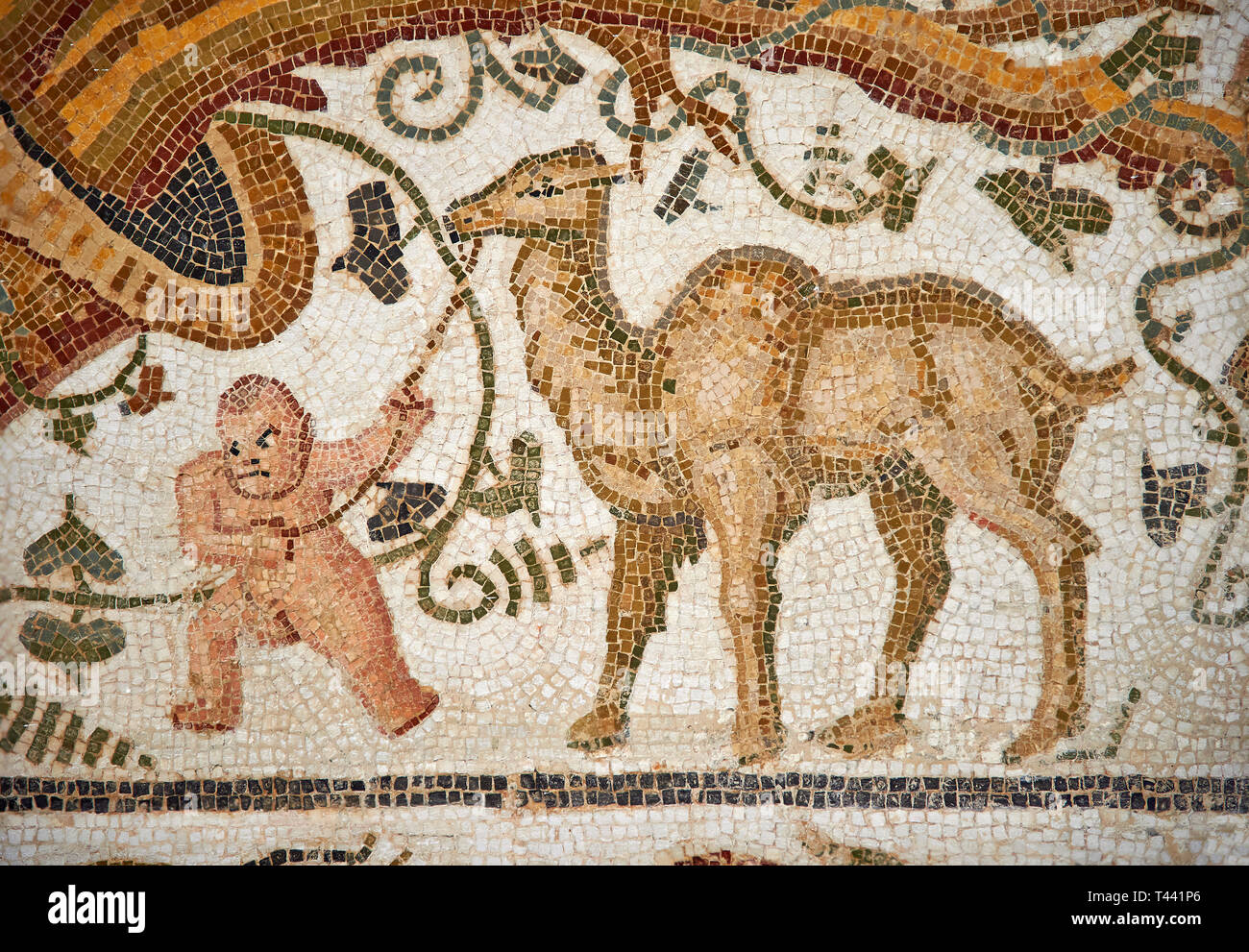 Detail of a Roman mosaics design depicting Silenus and Cupids showing a ...