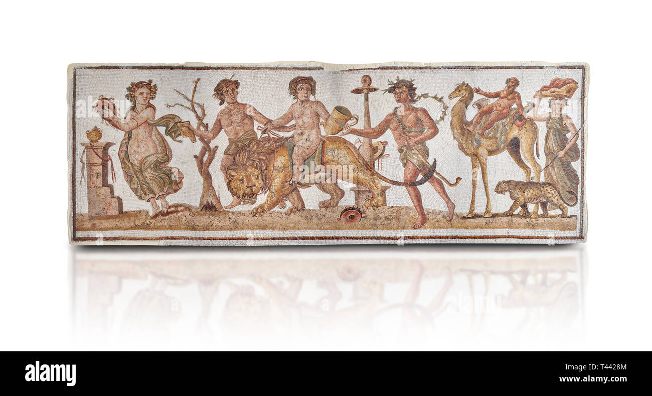 Picture of a Roman mosaics design depicting Dionysus riding a lion ...