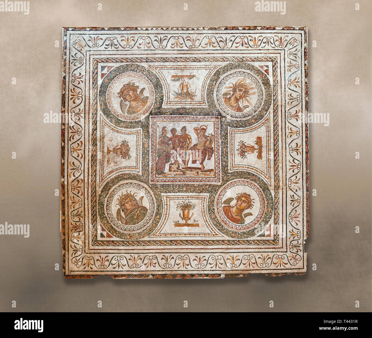 Roman mosaic depicting in its centre panel the victory of Apollo who is ...