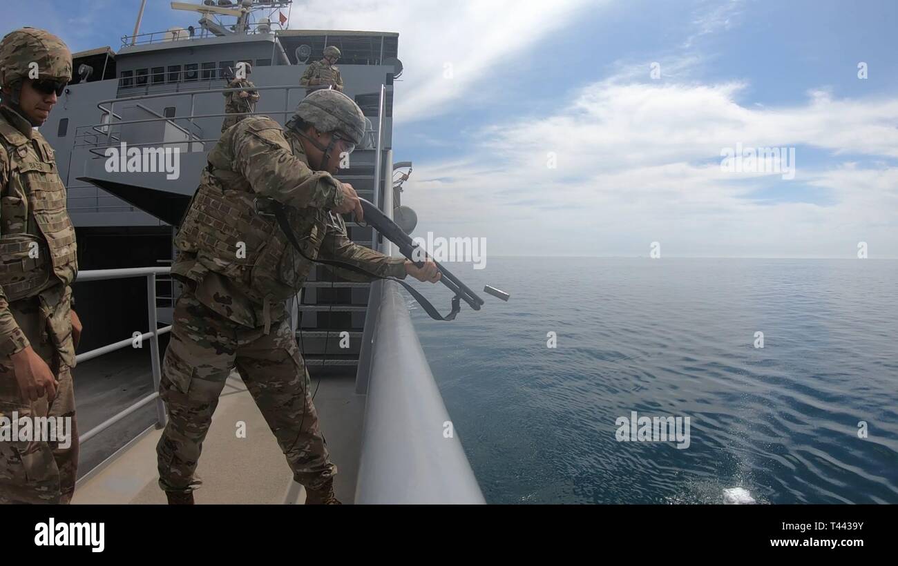 A crew member of the U.S. Army’s Logistics Support Vessel Maj. Gen ...
