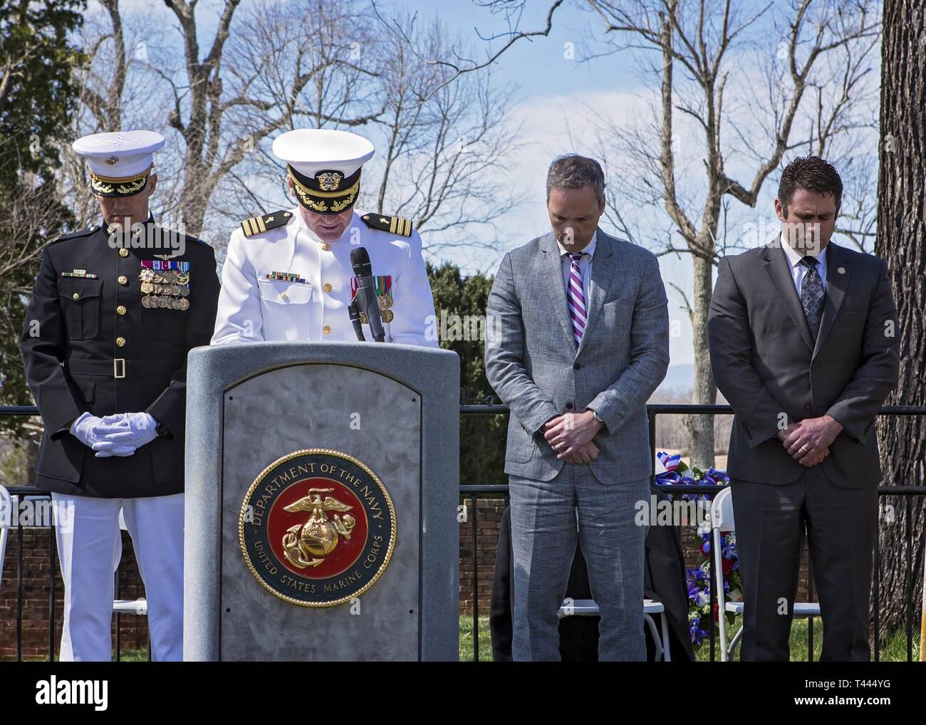 U.S. Navy Chaplain Stephen Barstow, commander, gives the invocation at ...