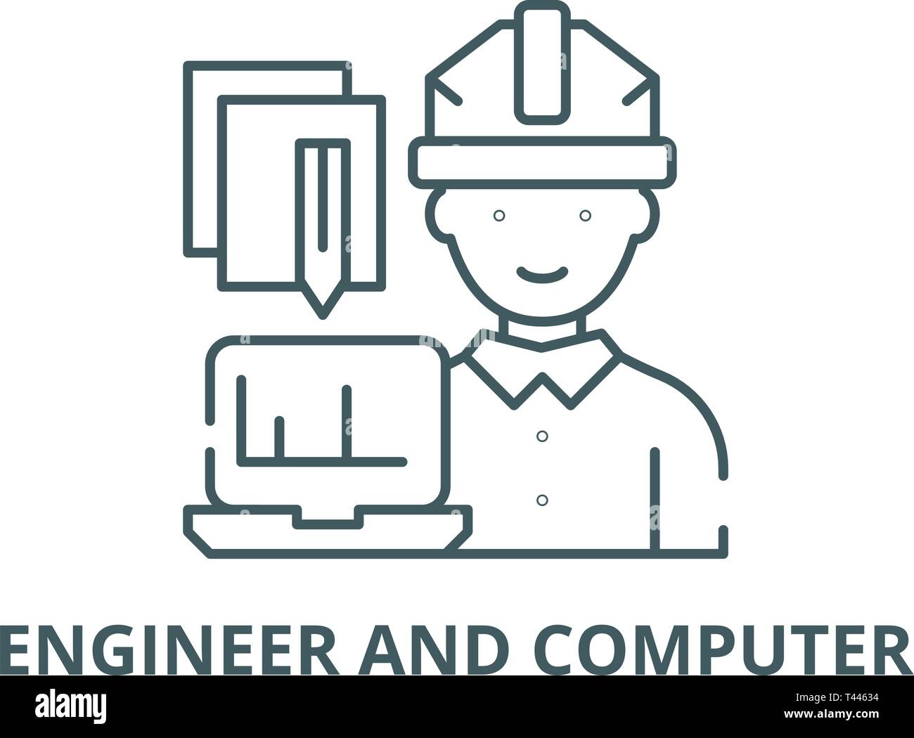Engineer and computer line icon, vector. Engineer and computer outline sign, concept symbol ...