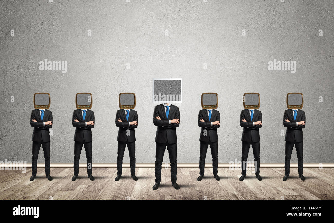 Businessmen in suits with old TV instead of their heads keeping arms ...