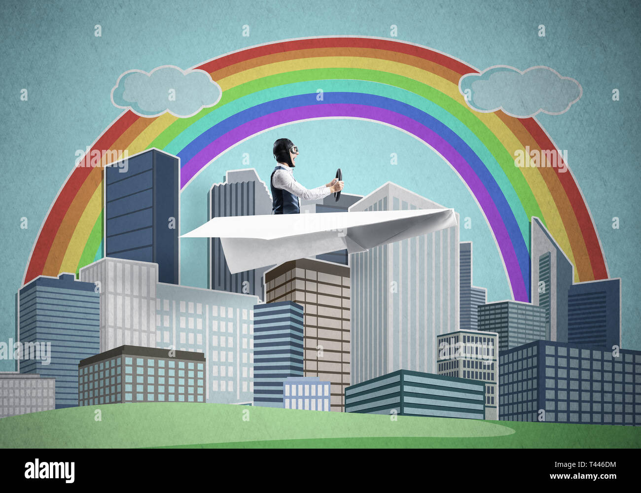 Aircraft pilot sitting in paper plane and holding steering wheel ...