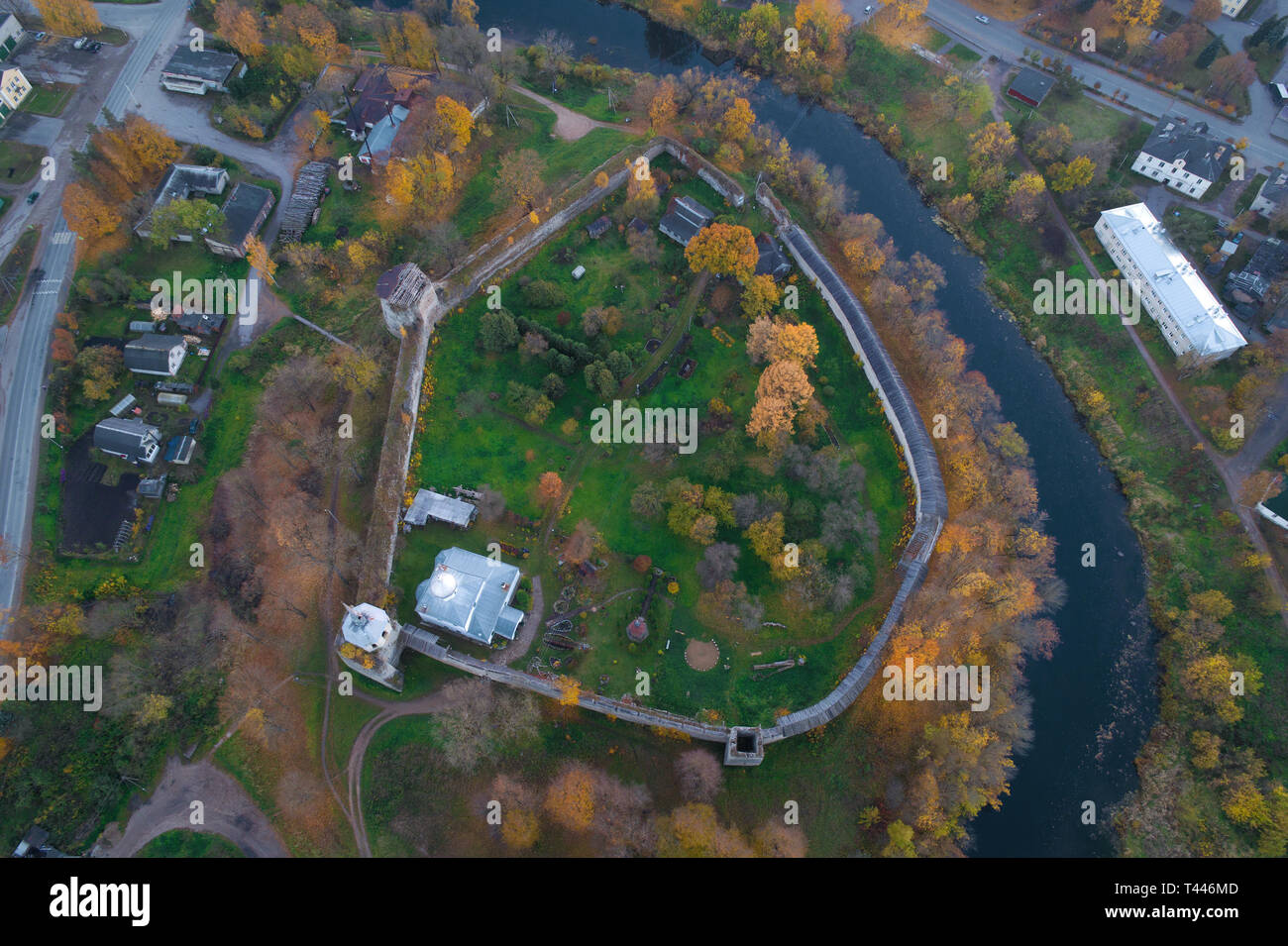 The top view on Porkhovsky fortress in the October evening (shooting ...