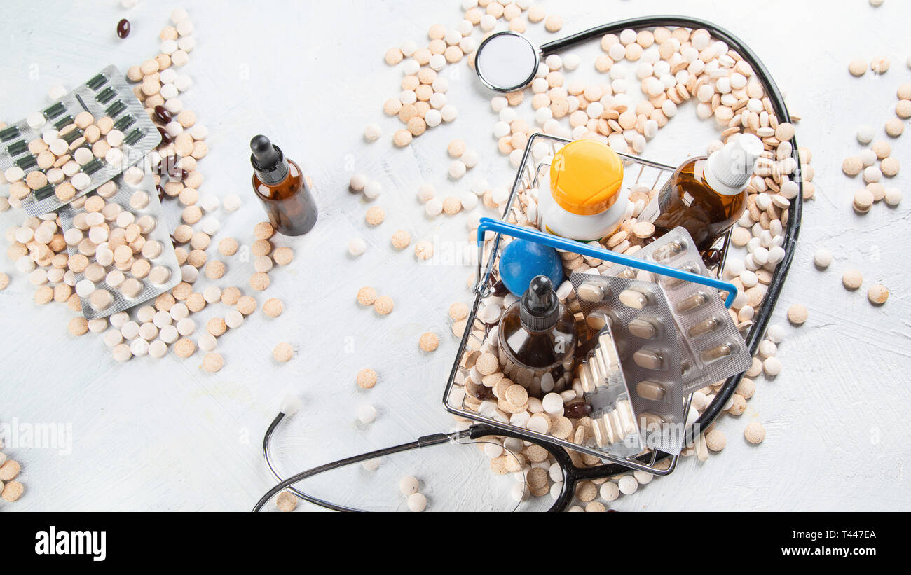 Pharmaceutical medicine pills and bottles. Medicine concept. Image with ...