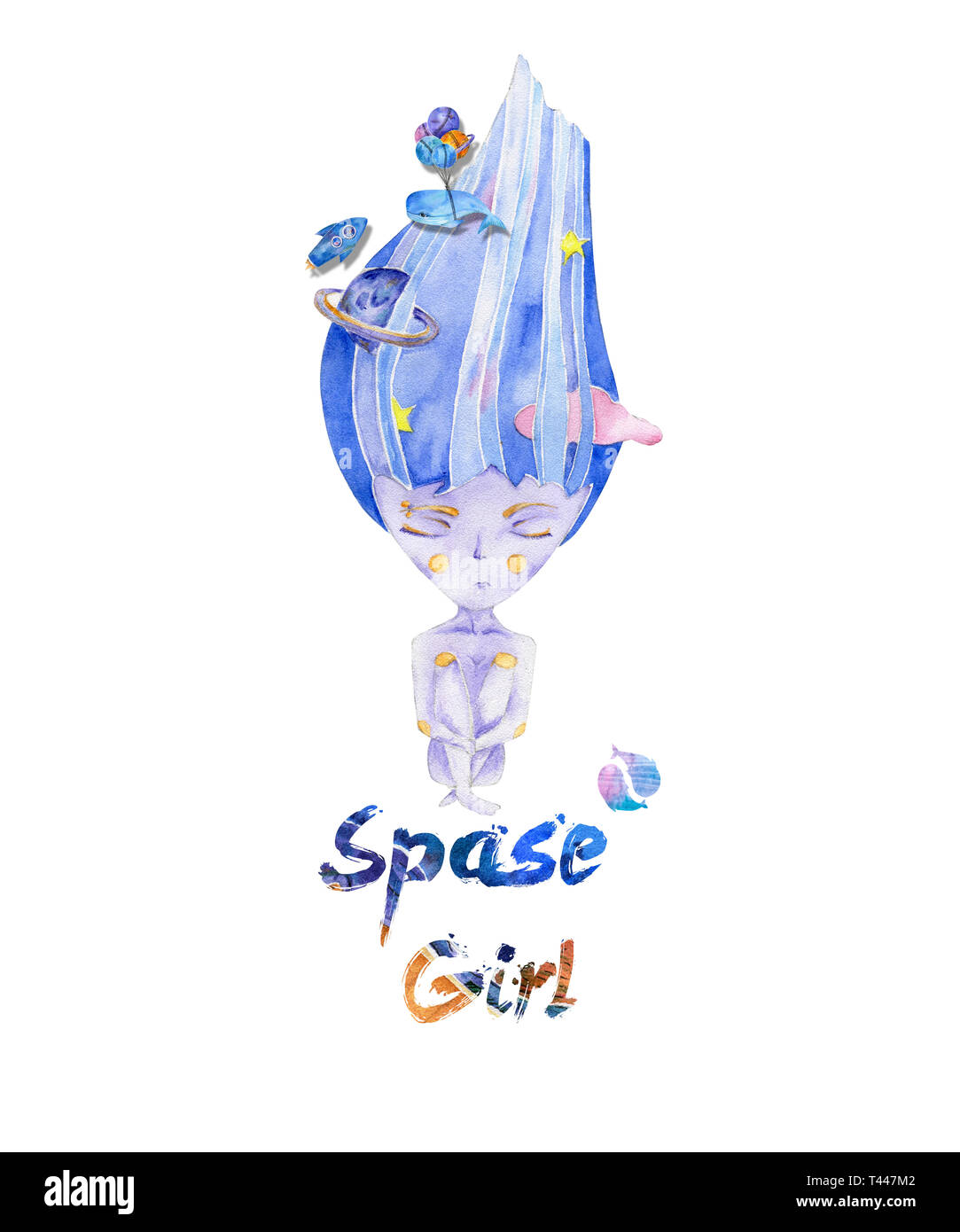Watercolor Cosmic Girl fantasy wonam Space Young Girl with planets in ...