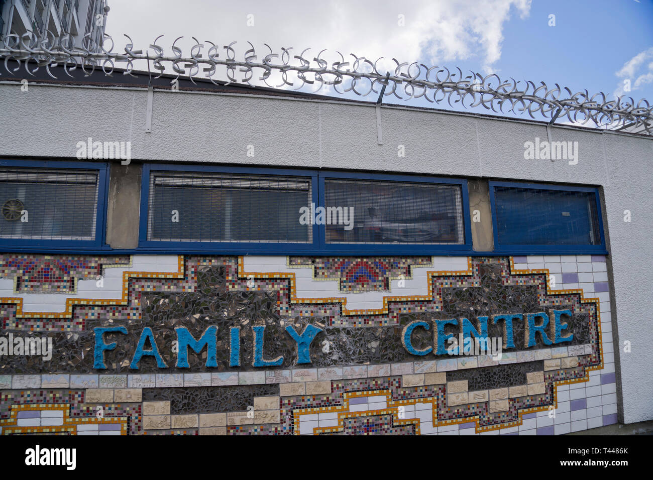 Run-down community centre in a council housing estate in east London ...