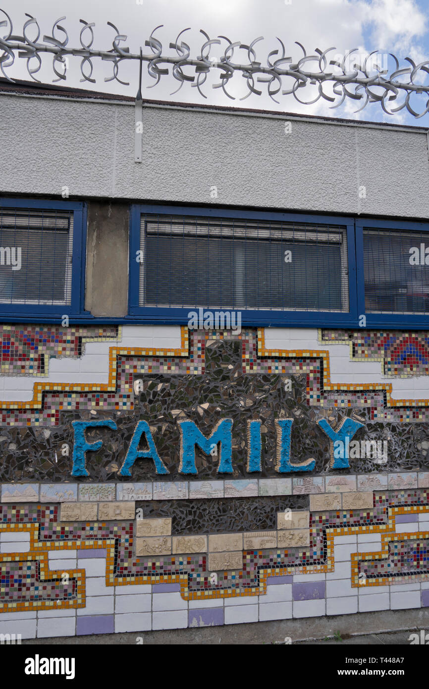 Run-down community centre in a council housing estate in east London ...