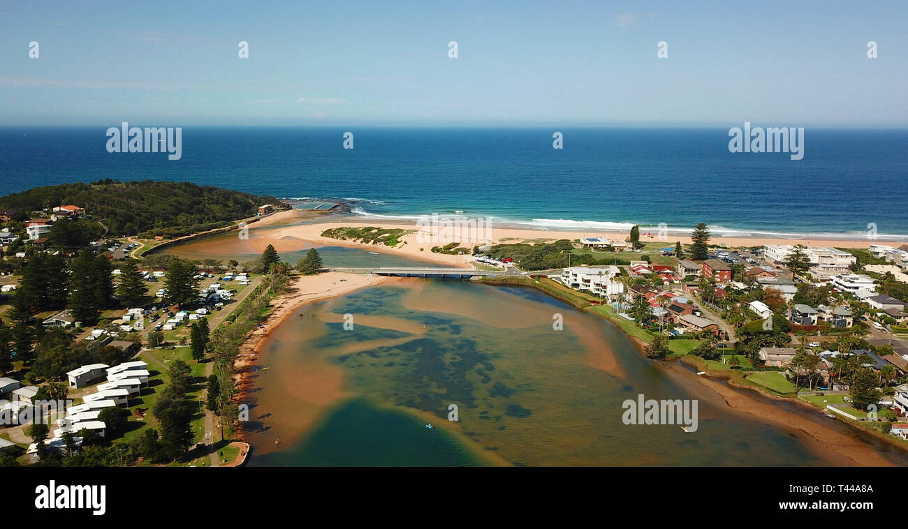 Aerial view of Narrabeen Lake, Narrabeen Beach and North Narrabeen ...