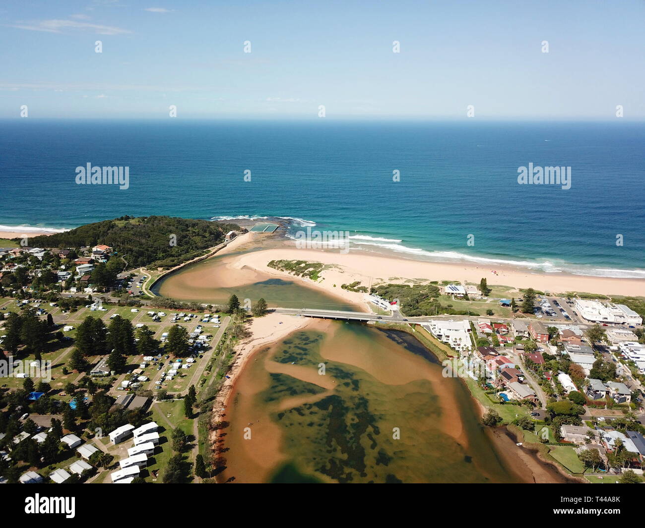 Aerial view of Narrabeen Lake, Narrabeen Beach and North Narrabeen ...