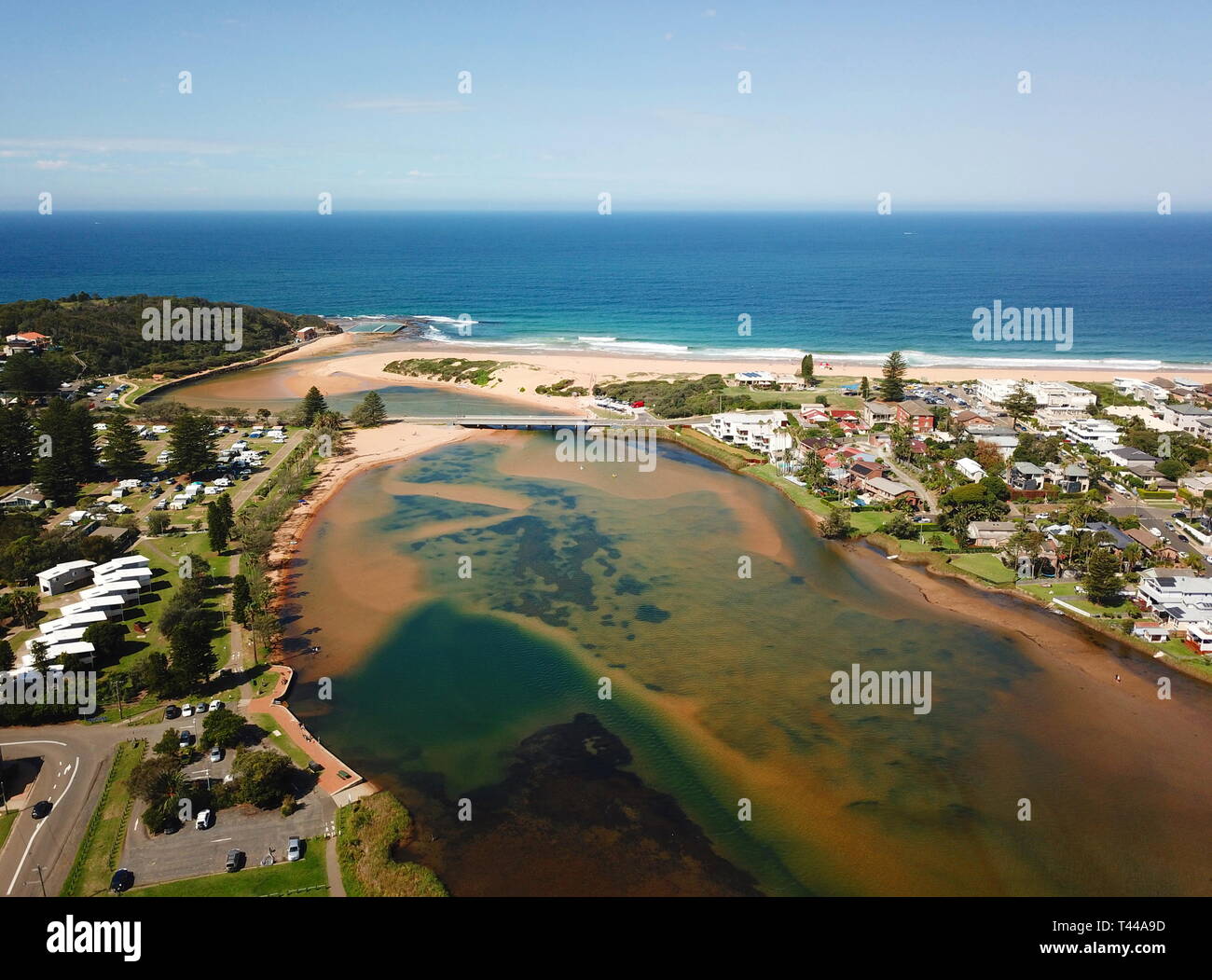 Aerial view of Narrabeen Lake, Narrabeen Beach and North Narrabeen ...