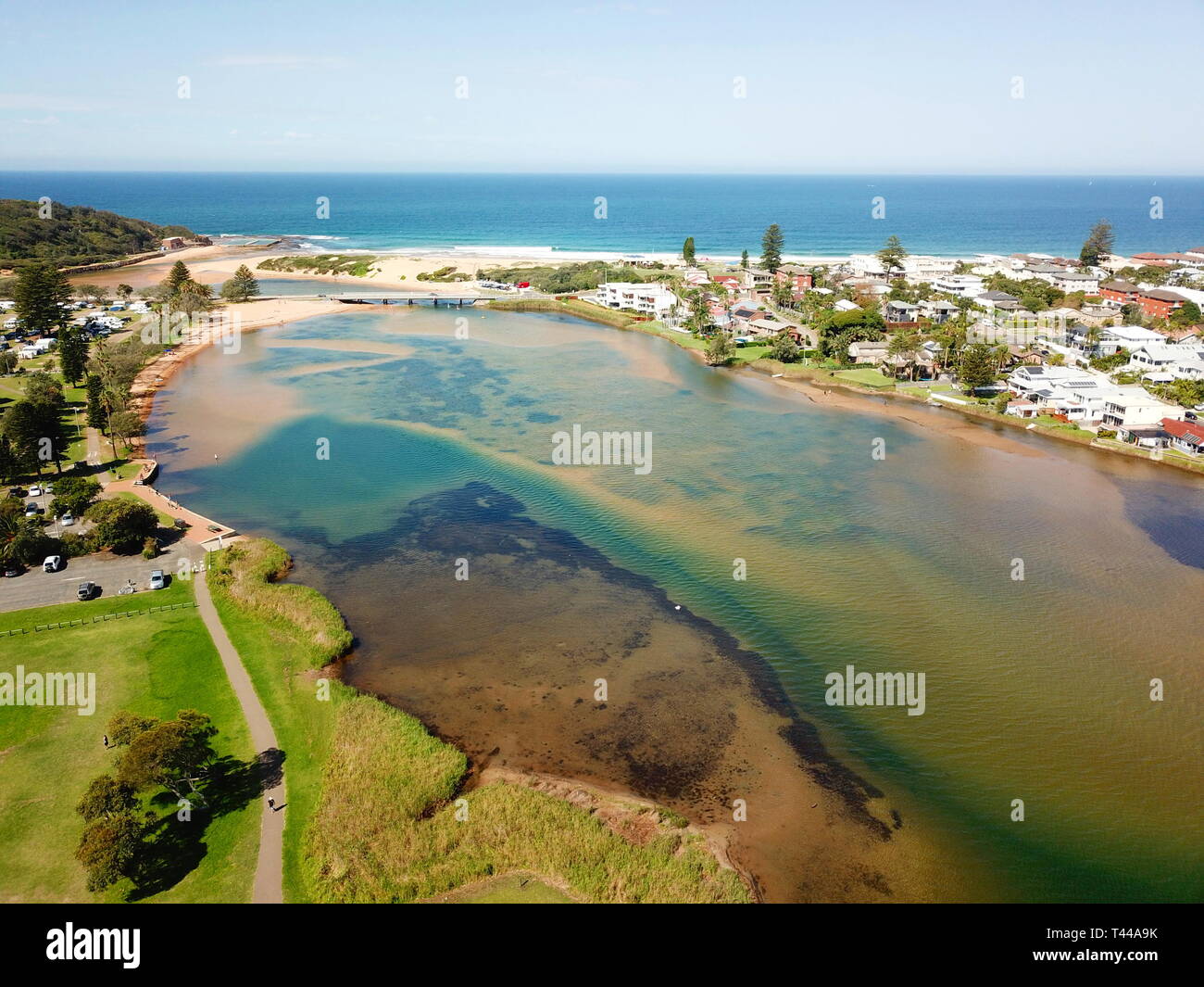 Aerial view of Narrabeen Lake, Narrabeen Beach and North Narrabeen ...